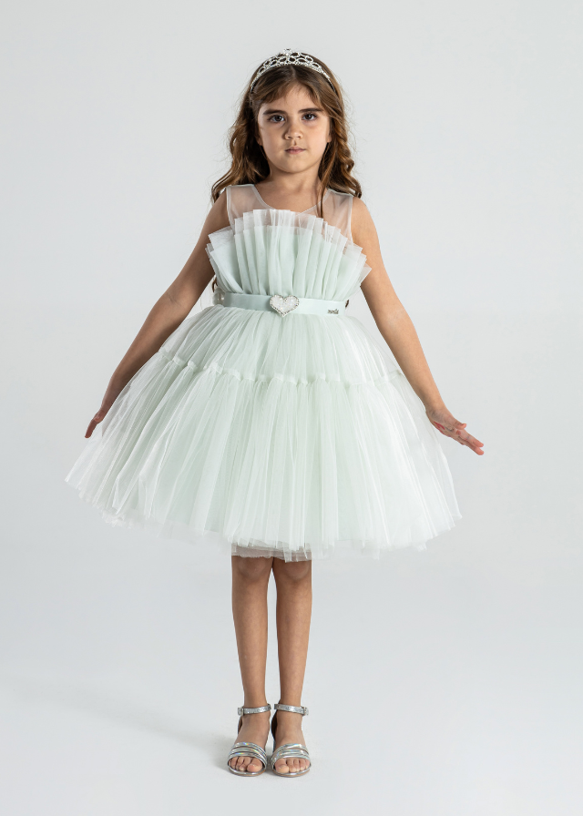 Rochie Ceremonie din Tulle Verde cu Volan din Tulle pe Bust 2992 Mon P