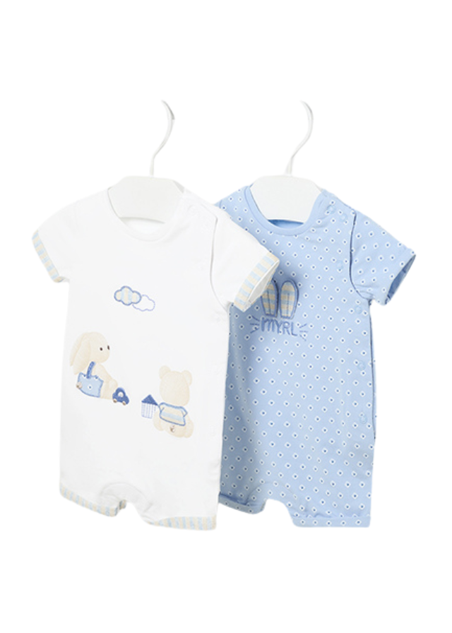 Set 2 Salopete Scurte Bleu cu Imprimeu Iepuri 1722 Mayoral