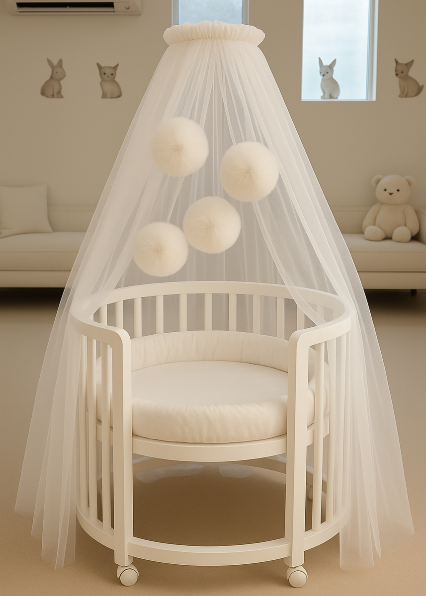 Baldachin Patut Unisex Tull Alb Cu Pompoane cu Suport Inclus AnneBebe