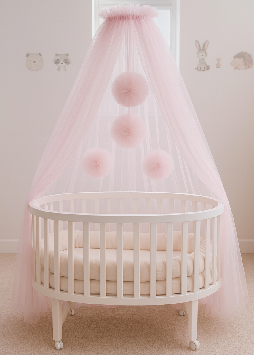Baldachin Patut Fetite Tull Roz Cu Pompoane cu Suport Inclus AnneBebe