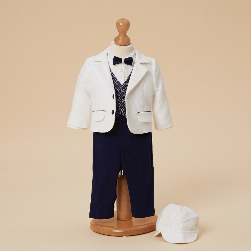 Costum Elegant Dimitrie Sacou Ivory Vesta Romburi Bleumarin Baietei An